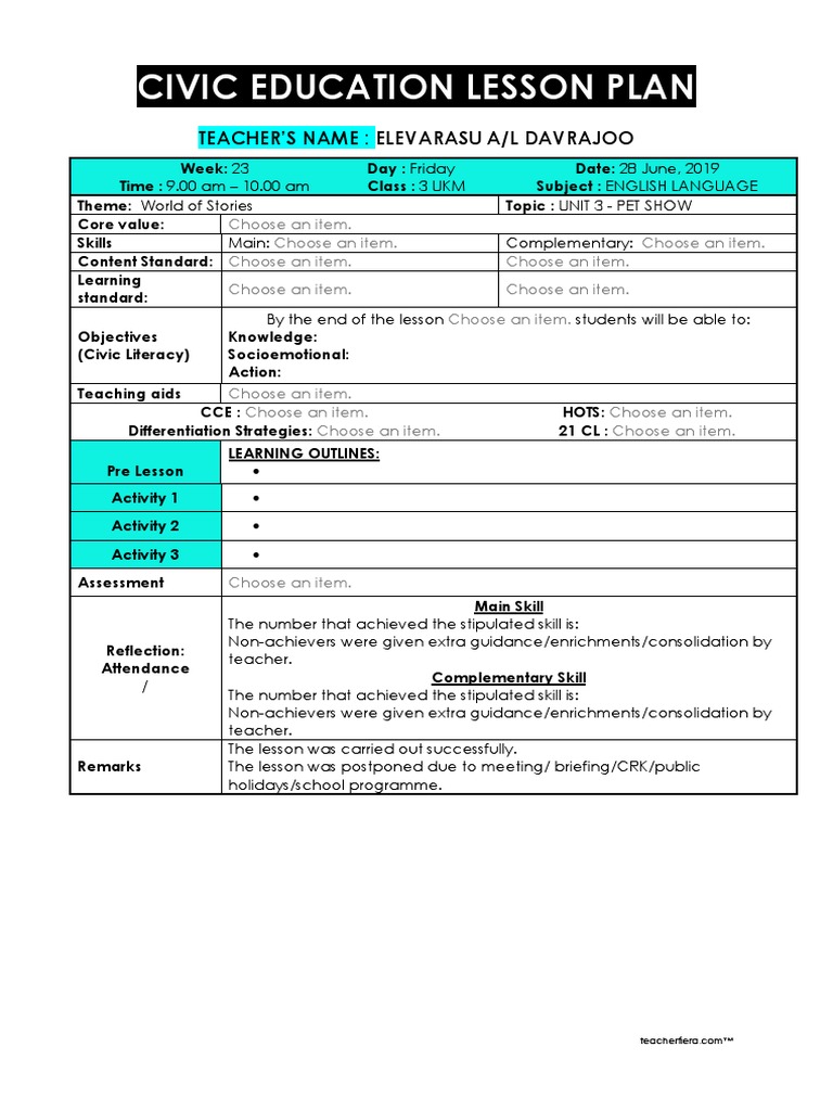 Civic Education Lesson Plan Template For English Subject (Y1-Y3) | PDF ...