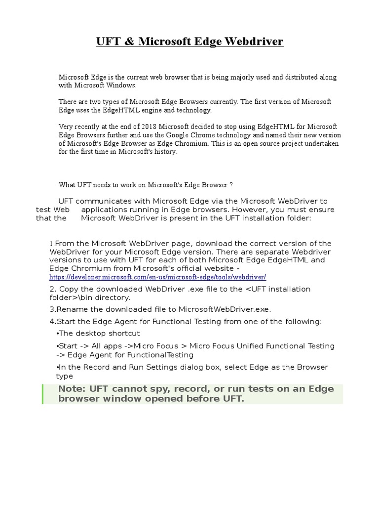UFT Setup for Microsoft Edge WebDriver | PDF