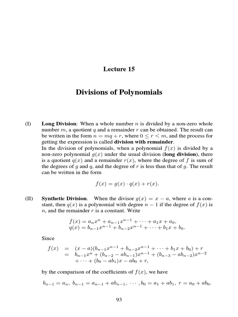 Dividing Polynomials: Methods & Theorems | PDF | Factorization | Polynomial