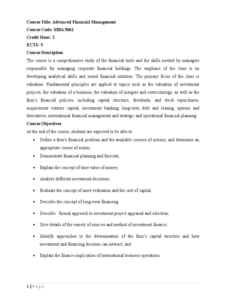 Course Title: Advanced Financial Management Course Code: MBA 5061 ...