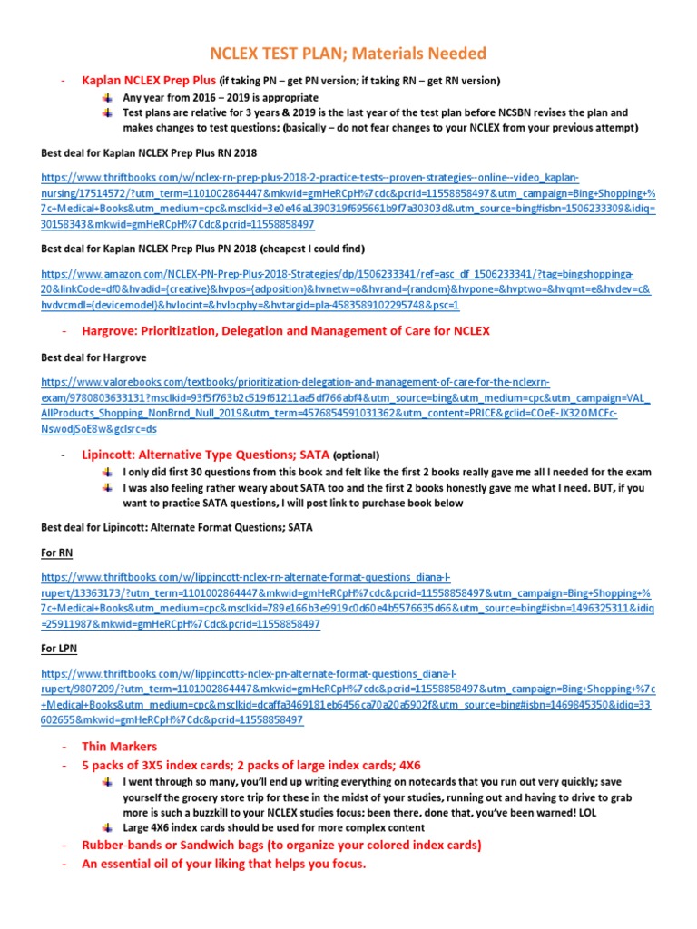NCLEX TEST PLAN Materials Needed: Kaplan NCLEX Prep Plus | PDF ...