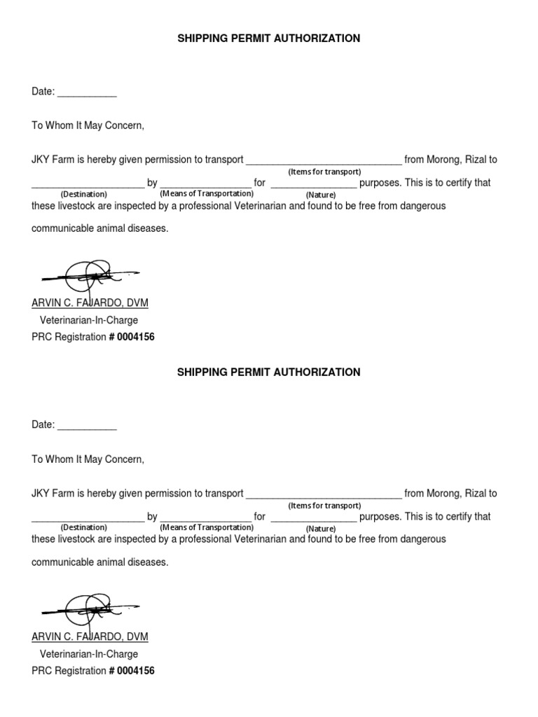 Shipping Permit Authorization: (Items For Transport) (Destination ...
