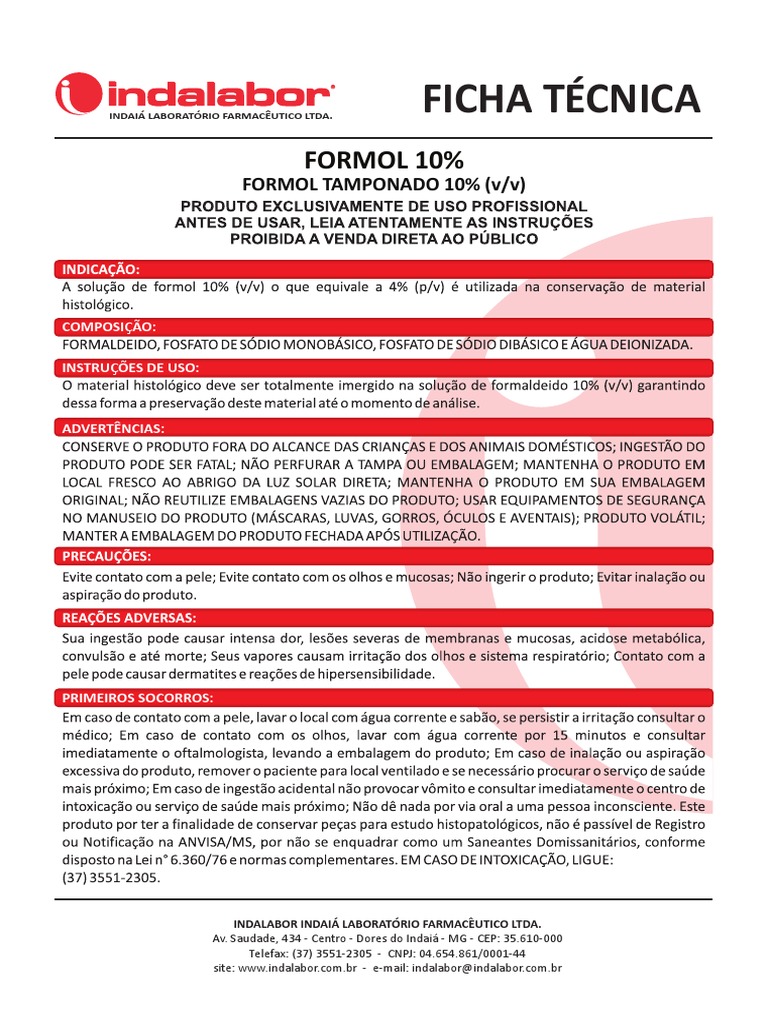 Formol 10% Indalabor ficha técnica | PDF