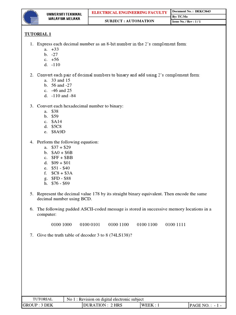 Tutorial 1 Revision On Digital Electronics Fundamentals Pdf Binary Coded Decimal Theory