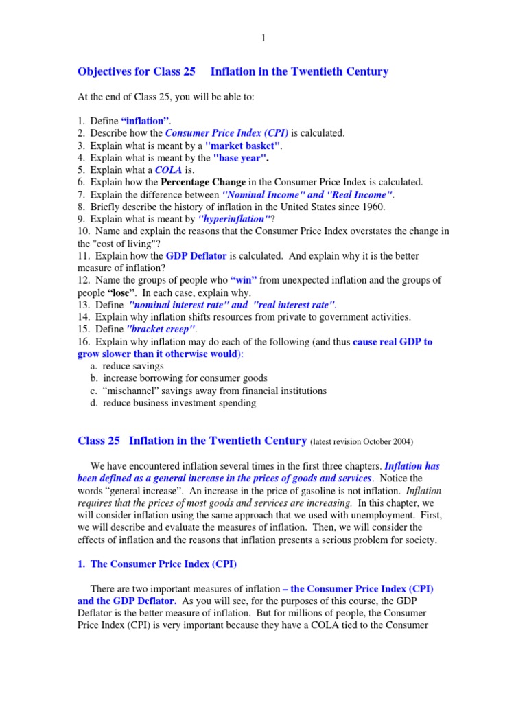 Objectives For Class 25 Inflation in The Twentieth Century | PDF ...