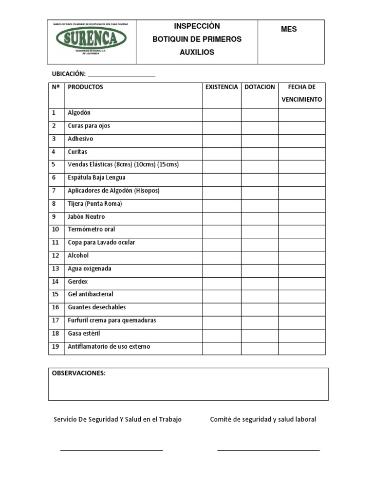 Formato Inspeccion Botiquin de Primeros Auxilios | Sustancias químicas | Química