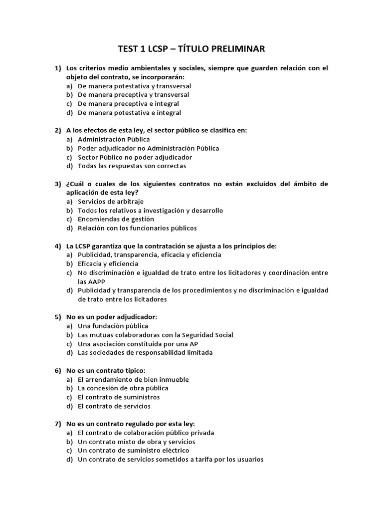 Test 1 LCSP | PDF | Administración Pública | Esfera pública