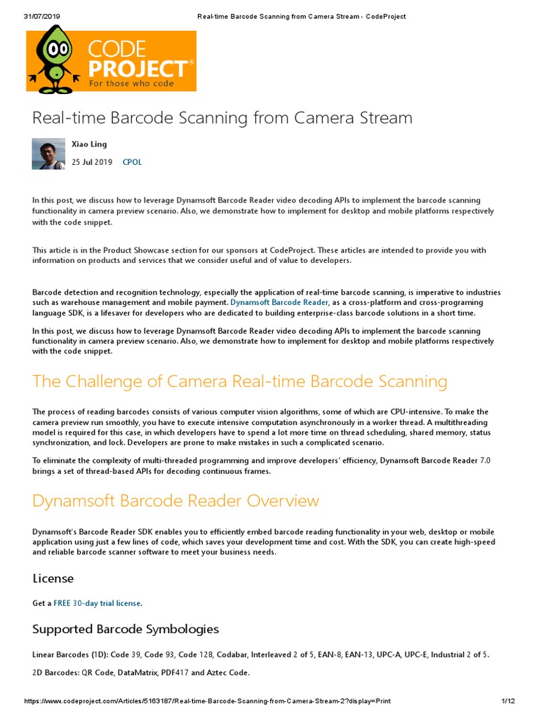 Real-Time Barcode Scanning From Camera Stream - CodeProject | PDF | Thread (Computing) | Barcode