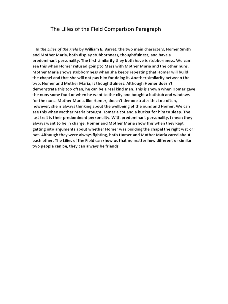 The Lilies of The Field Comparison Paragraph | PDF