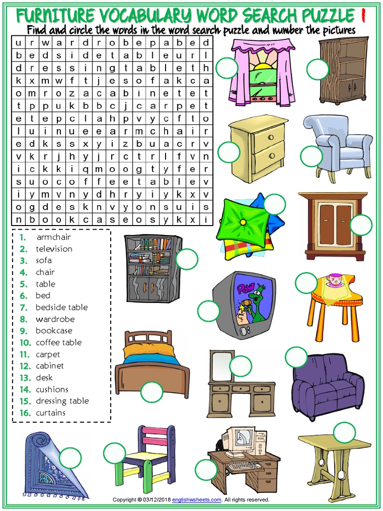 Furniture Vocabulary Esl Word Search Puzzle Worksheets For Kids | PDF ...