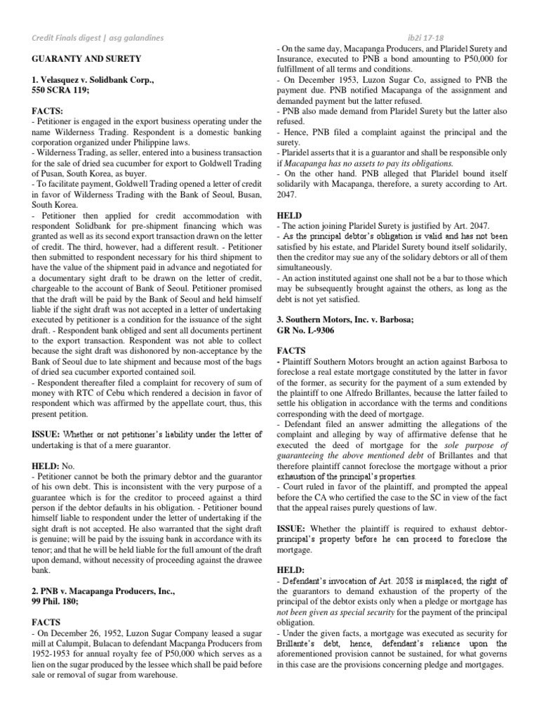 Credit Digest Final | PDF | Guarantee | Assignment (Law)