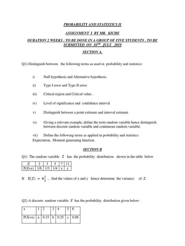 Probability and Statistics Ii Assignment I July 2019 PDF | Download ...