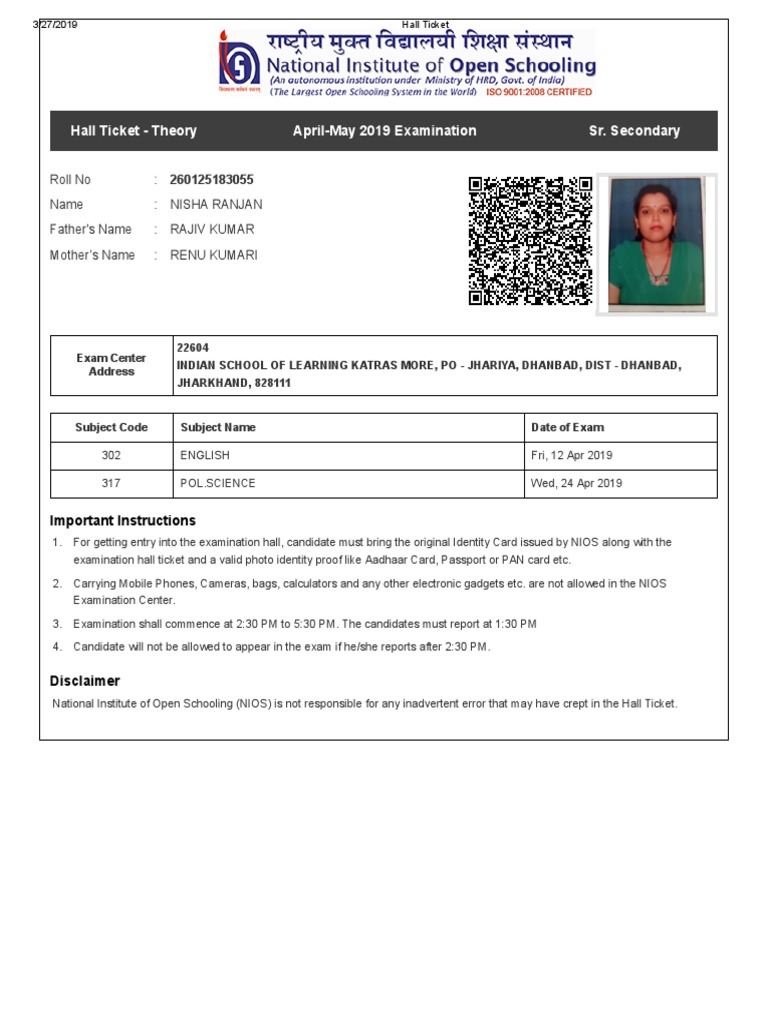 Hall Ticket - Theory April-May 2019 Examination Sr. Secondary | PDF