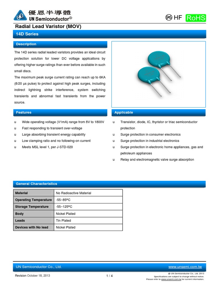 Radial Lead Varistor (MOV) : 10D Series 14D Series | PDF | Power ...