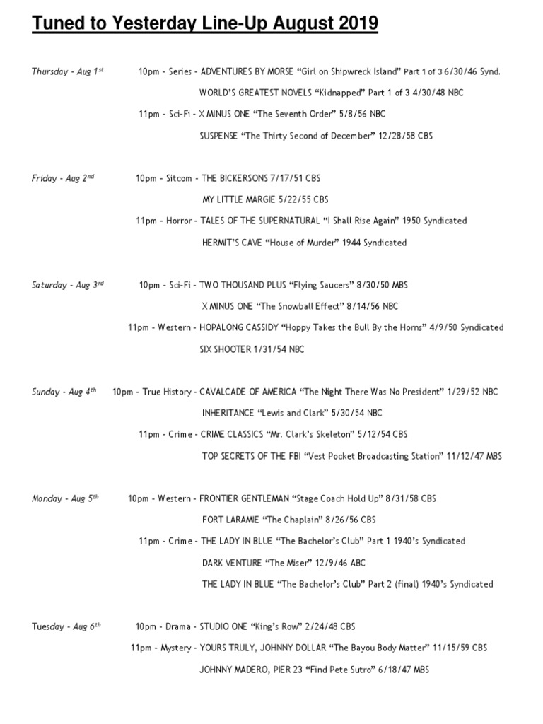 August 2019 Radio Show Line-Up | PDF | Cbs | Nbc