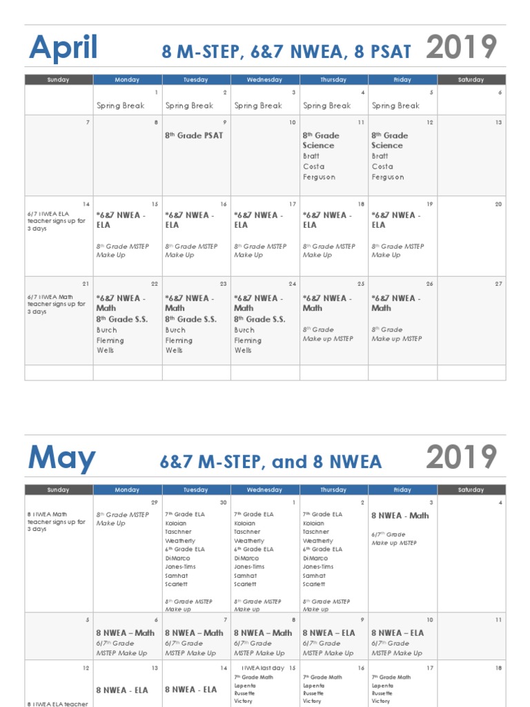 2018 19 Mstep Psat Nwea Testing Calendar 1 | PDF