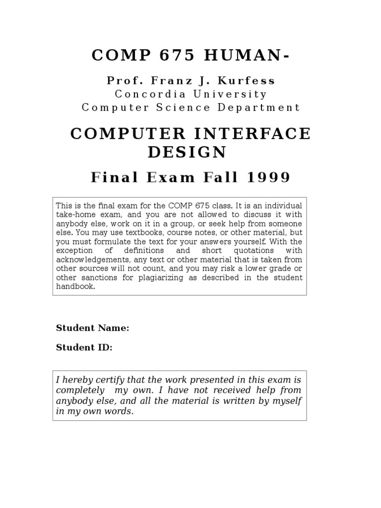 Comp 675 Human-: Final Exam Fall 1999 | PDF | Human–Computer ...
