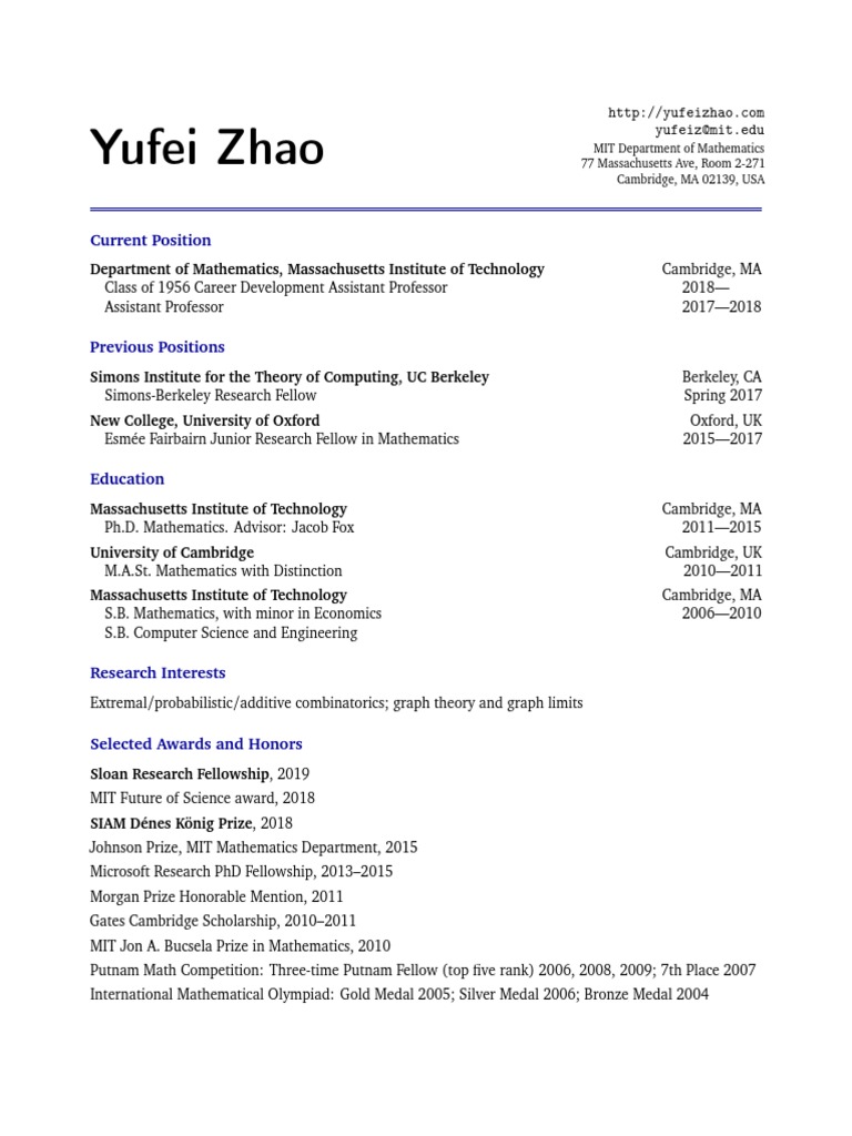 Yufei Zhao: Current Position | PDF | Combinatorics | Massachusetts ...