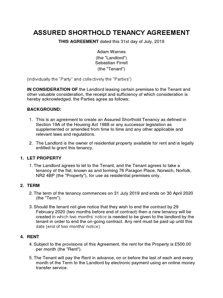 Assured Shorthold Tenancy Agreement: THIS AGREEMENT Dated This 31st Day ...