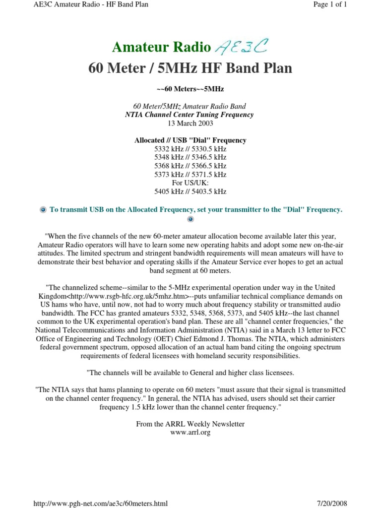 60 Meter / 5Mhz HF Band Plan: Amateur Radio | PDF | Amateur Radio ...