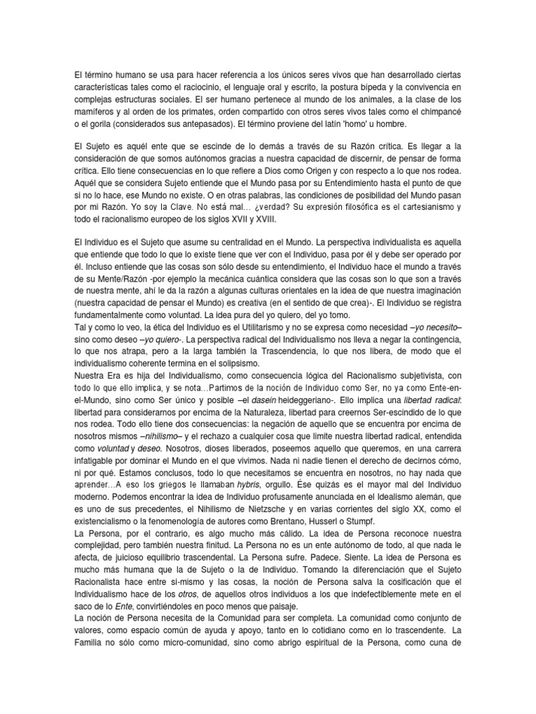 Definicion de Sujeto, Individuo y Persona | PDF | Comprensión | Homo ...