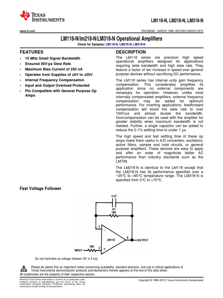 LM118-N/lm218-N/LM318-N Operational Amplifiers: Features Description ...