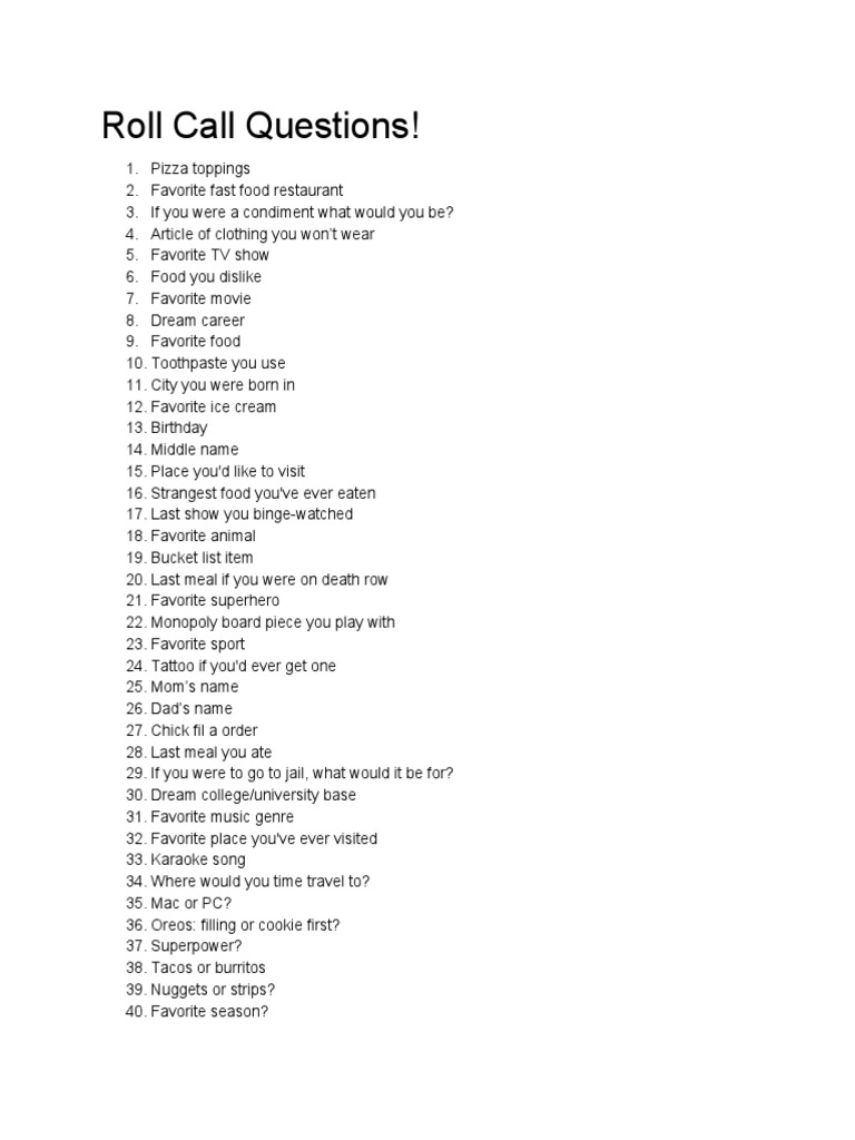 Fun Roll Call Questions Icebreaker List | PDF | Cuisine | Eating ...