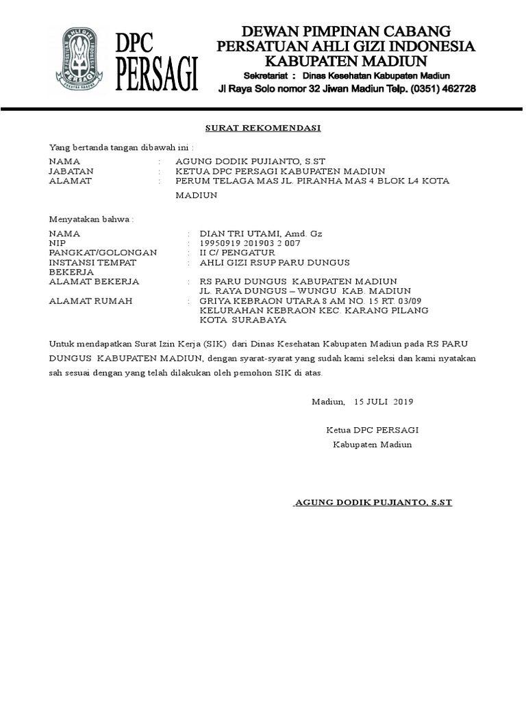 Surat Rekomendasi DPC 1 | PDF