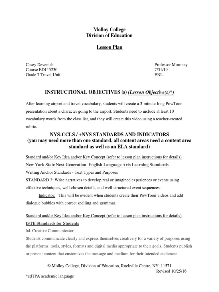 MLP Template Molloy Lesson Plan 1 | PDF | Lesson Plan | Vocabulary