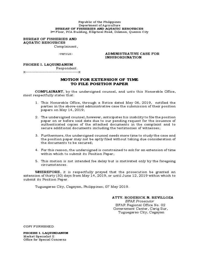 Motion For Extension of Time To File Position Paper: Bureau of ...