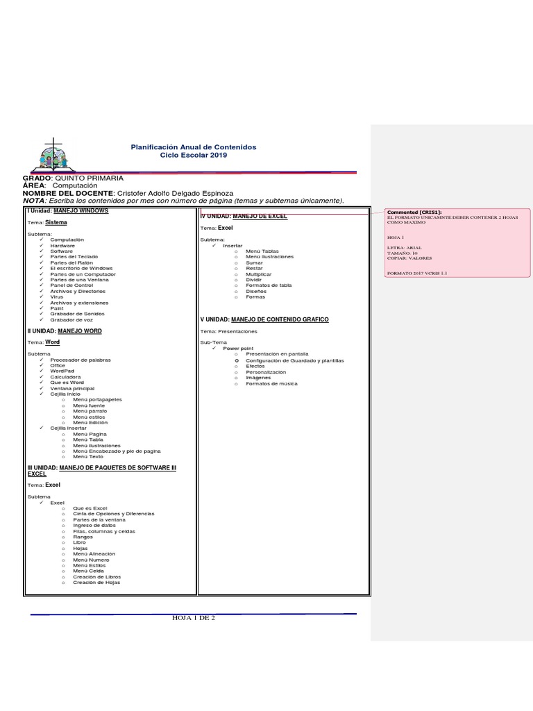 Planificación Anual de Contenidos para Quinto Grado de Primaria en Área de Computación | PDF ...