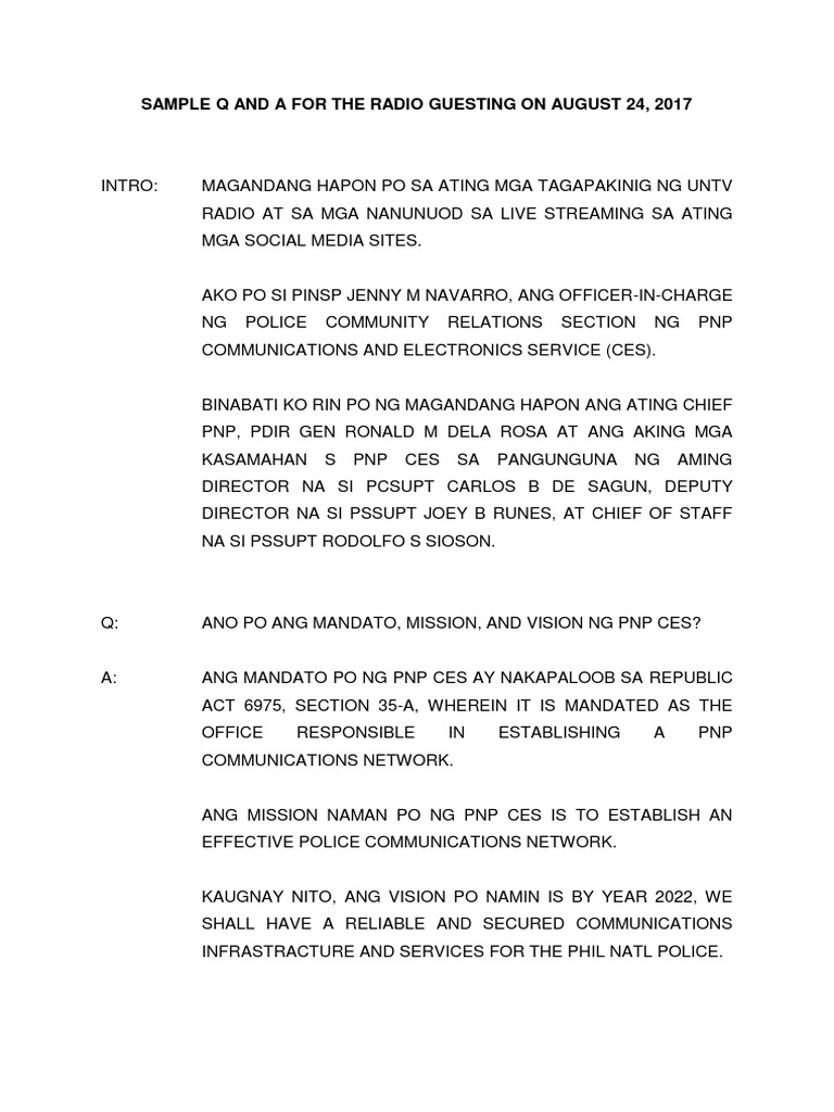 Sample Q and A For The Radio Guesting On August 24 | PDF