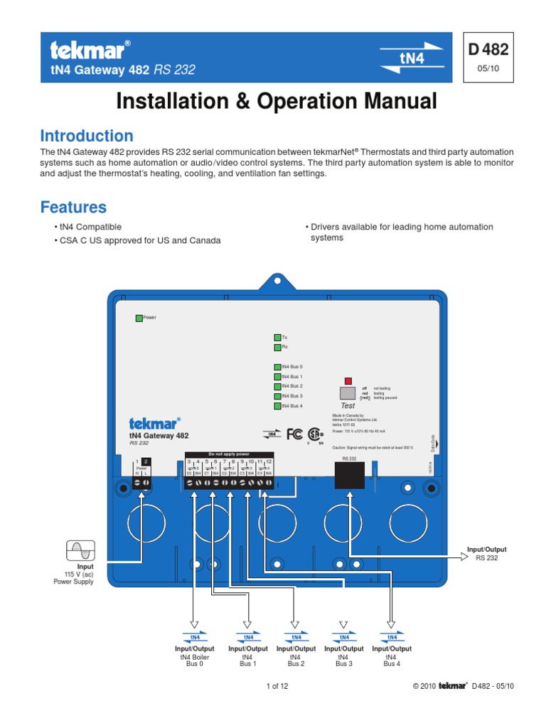 Tekmar 482 tN4 Gateway - RS232 | Electrical Wiring | Thermostat