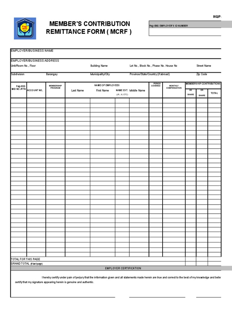Member'S Contribution Remittance Form (MCRF) : Employer/Business Name ...