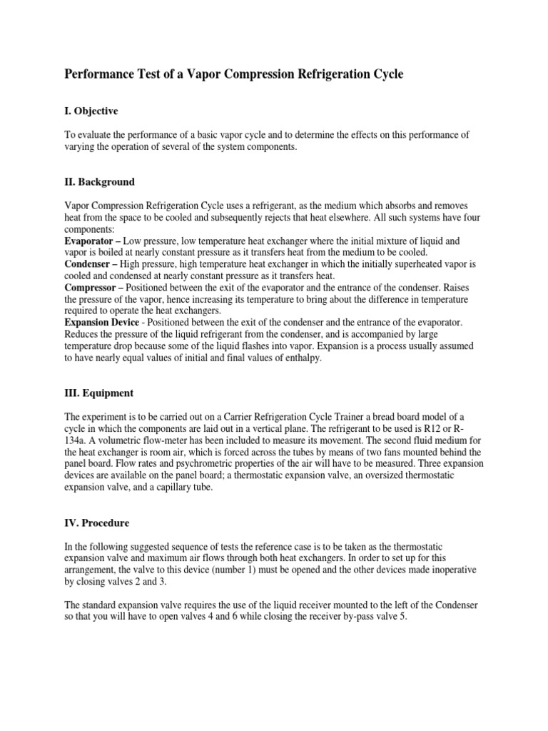 Performance Test of A Vapor Compression Refrigeration Cycle | PDF ...