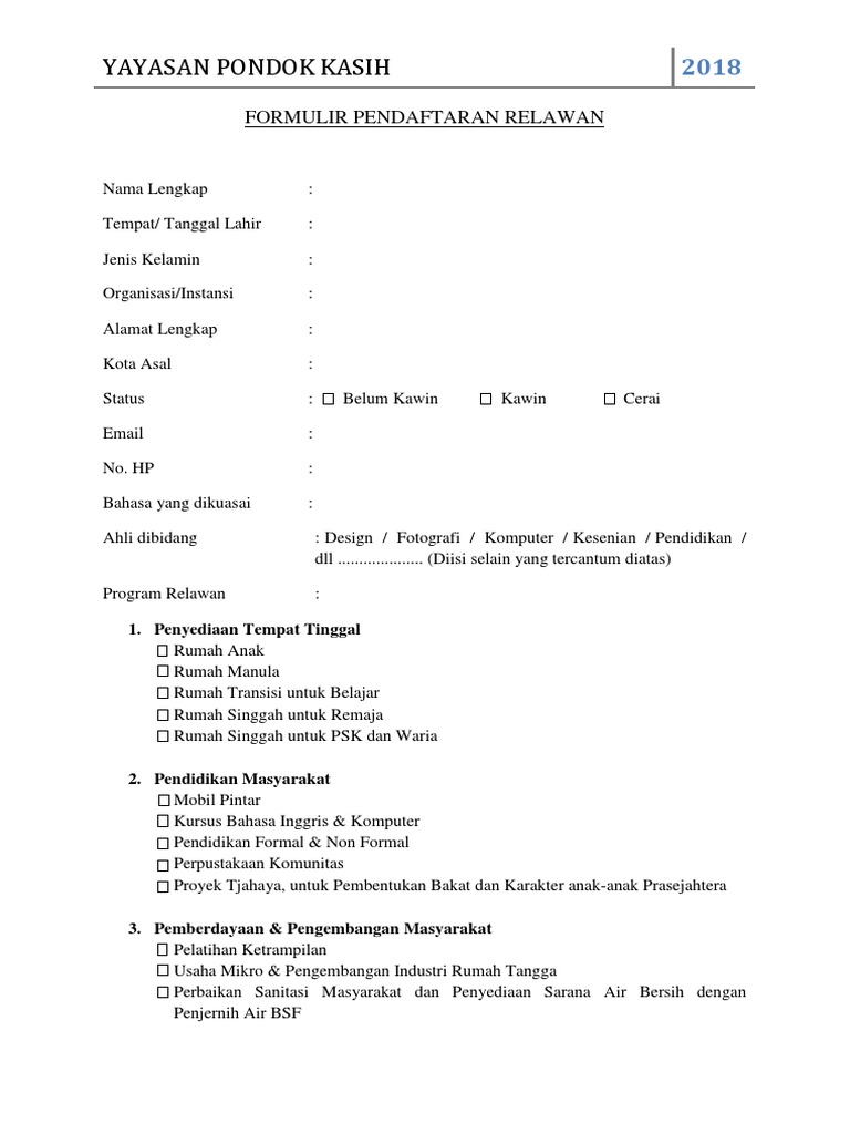 Formulir Relawan Yayasan Pondok Kasih | PDF