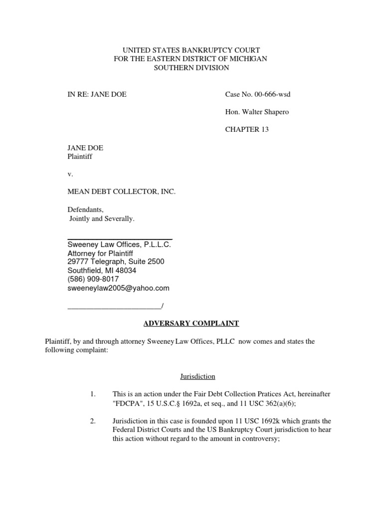 FDCPA Complaint | Damages | Bankruptcy