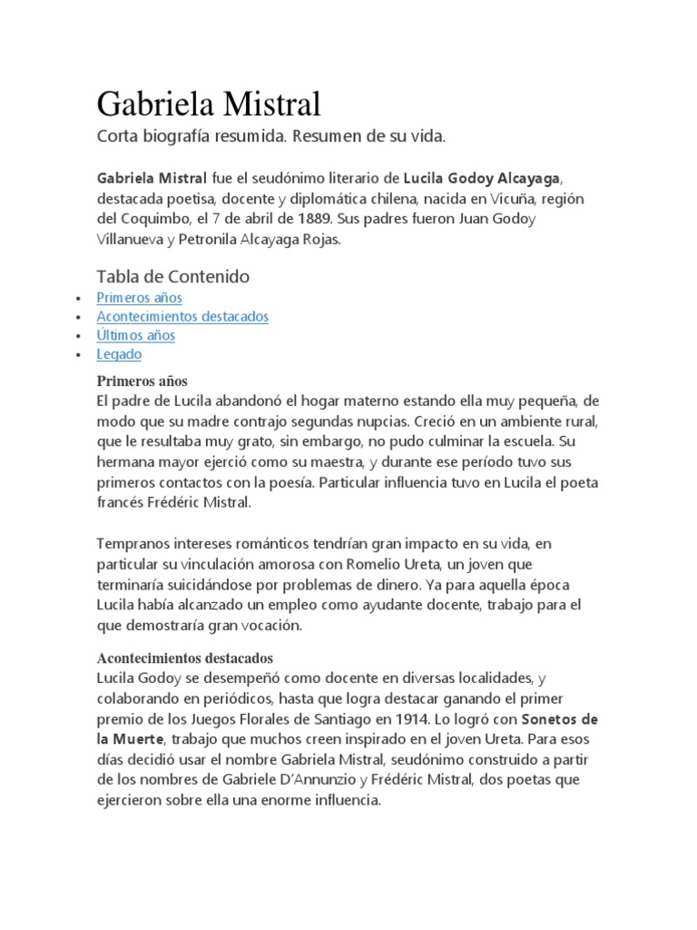 Biografía de Gabriela Mistral | PDF | Republica Romana | Roma antigua