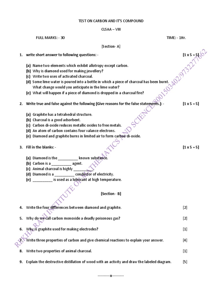 Test on Carbon and Its Compounds | PDF