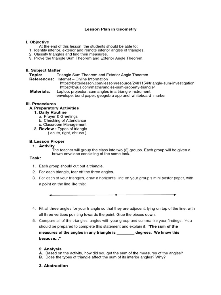 Lesson Plan in Triangle Sum Theorem | PDF | Triangle | Angle