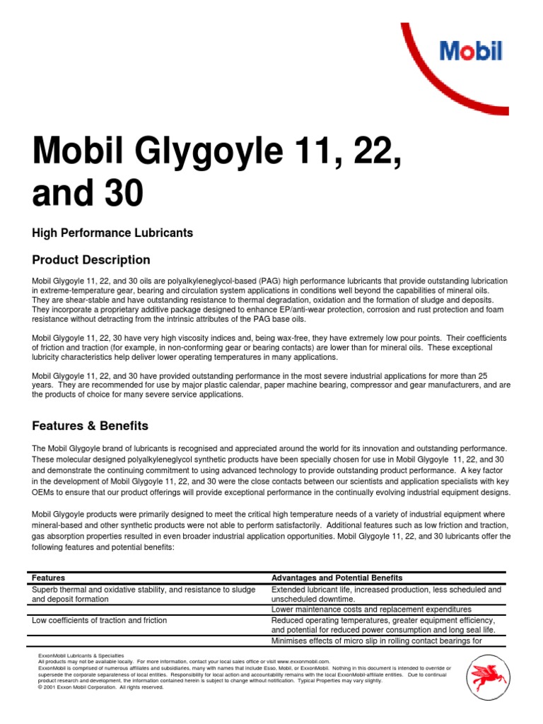 Mobil Glygoyle 11, 22, and 30: Product Description | PDF | Exxon Mobil ...