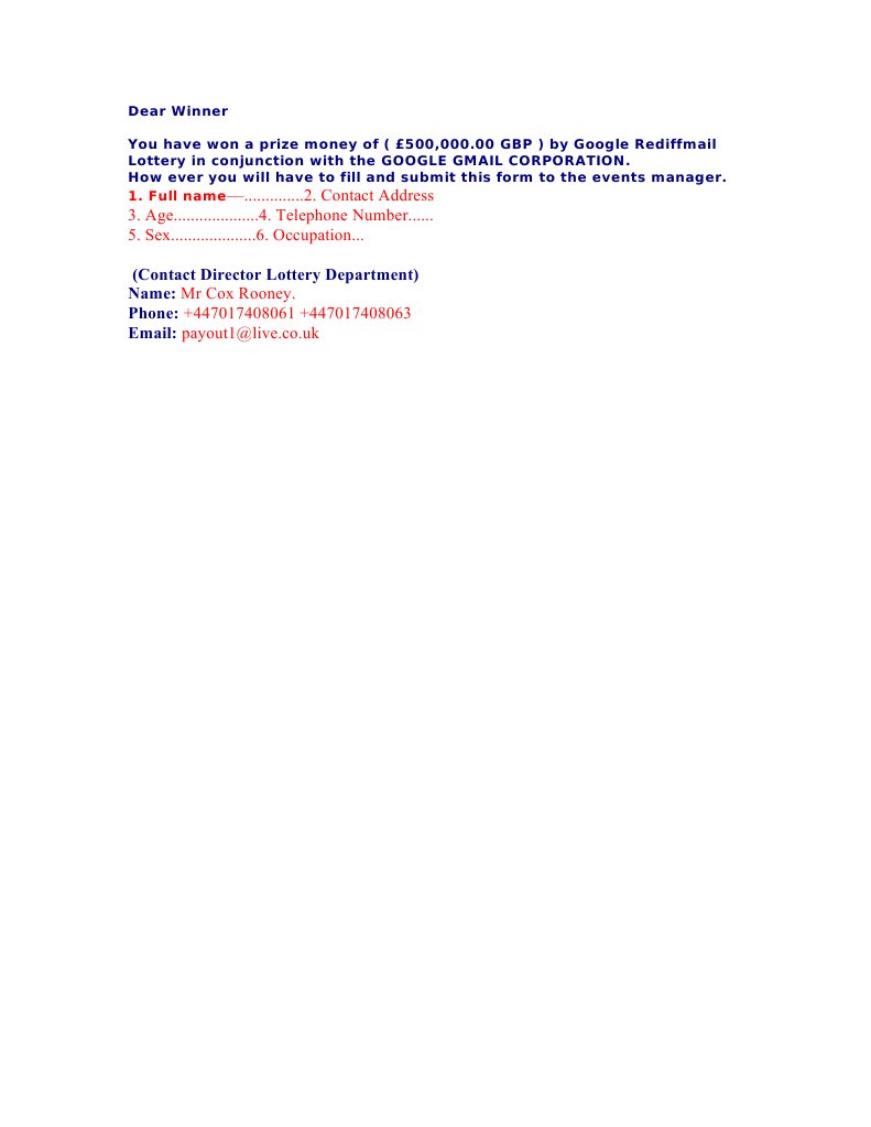 Google Lottery Prize Claim Form | PDF