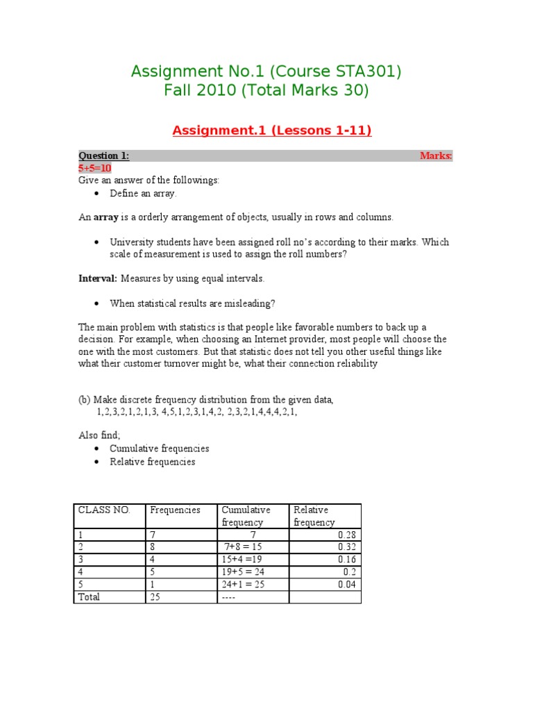Assignment No.1 (Course STA301) Fall 2010 (Total Marks 30) | PDF ...