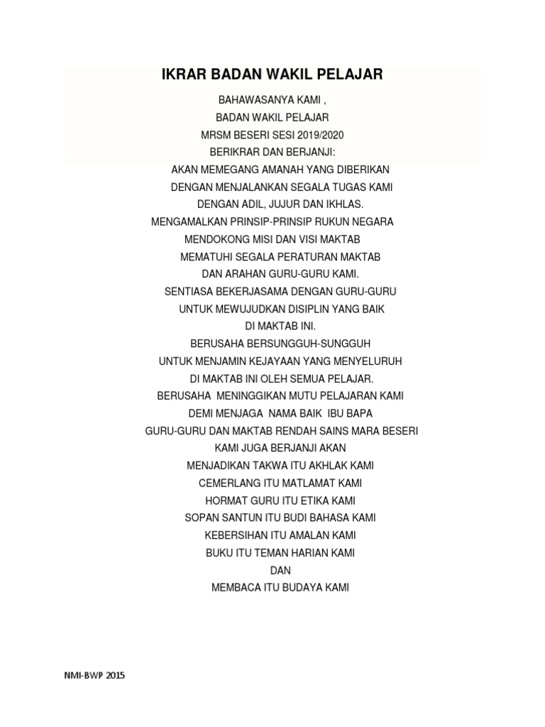Ikrar Badan Wakil Pelajar MRSM Beseri | PDF