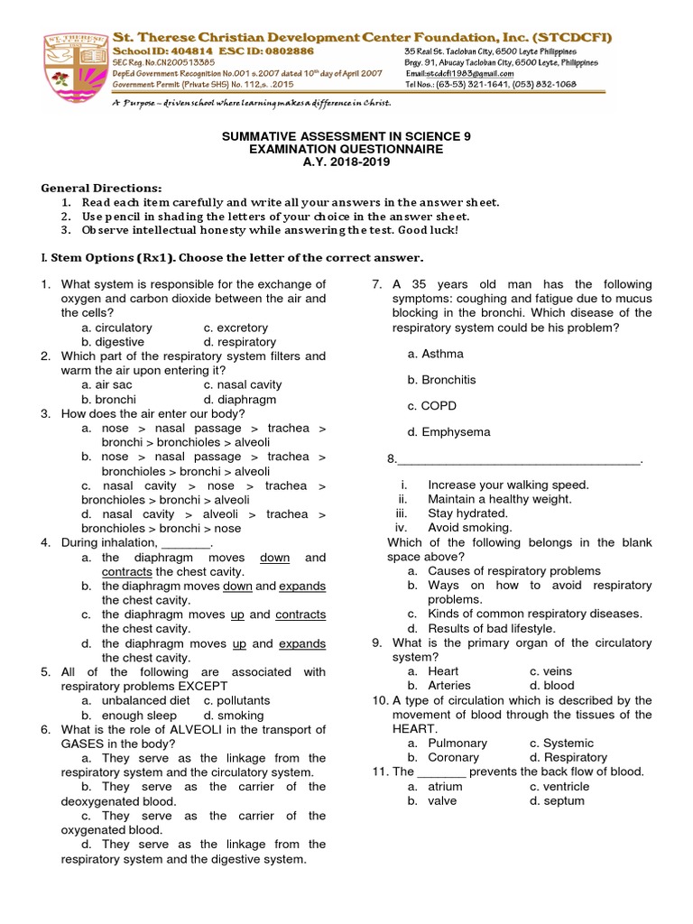 1st Periodical Test Grade 9 | PDF | Respiratory Tract | Circulatory System