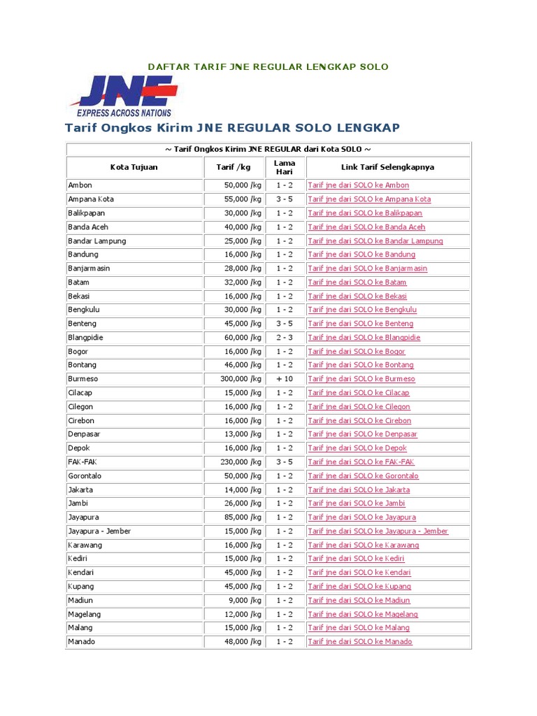 Daftar Tarif Jne Regular Lengkap Solo | PDF