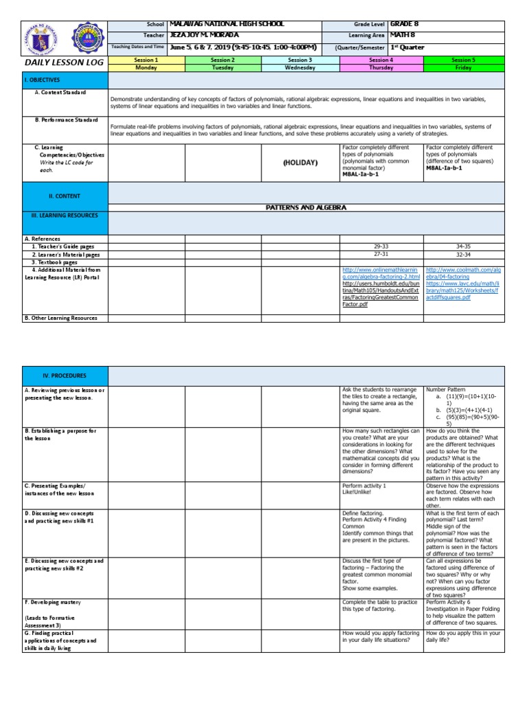DLL Math 8 Q1 - Week 1 | PDF | Factorization | Polynomial