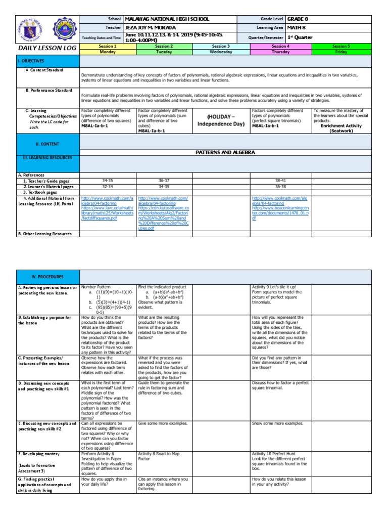 DLL Math 8 Week 2 | PDF | Factorization | Polynomial