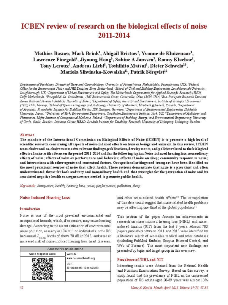 ICBEN Review of Research On The Biological Effects of Noise 2011-2014 | PDF | Hearing Loss ...