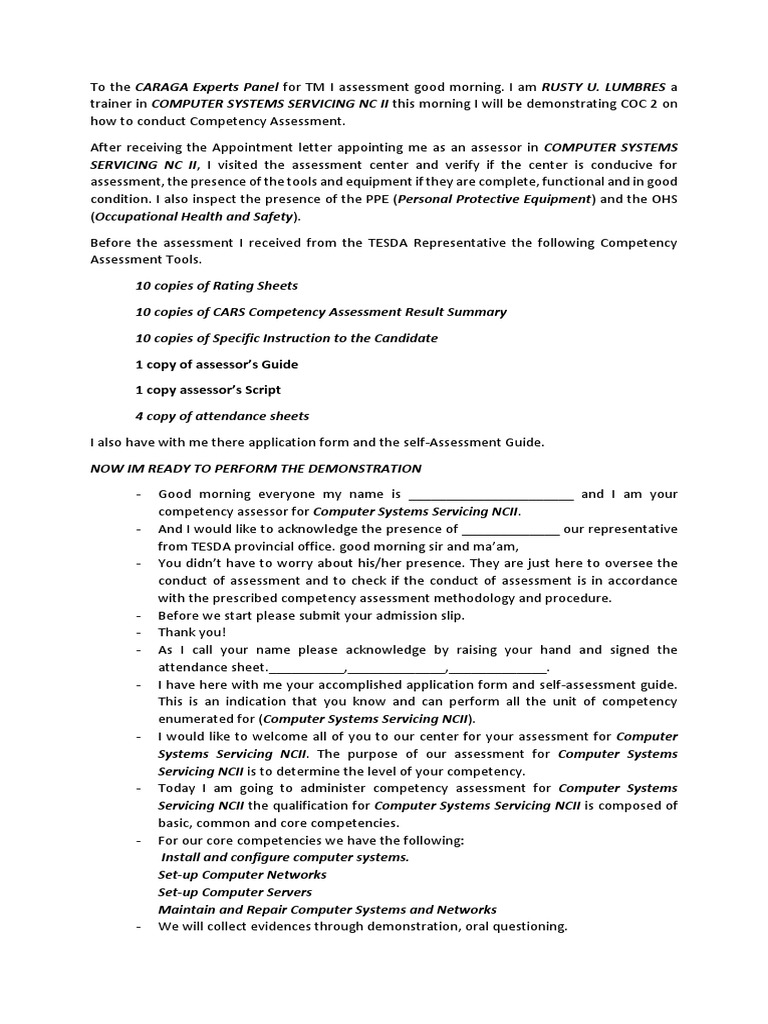 1 Copy of Assessor's Guide 1 Copy Assessor's Script | PDF | Question | Personal Protective Equipment